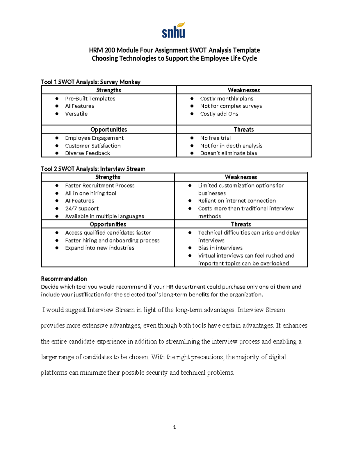 HRM 200 Module Four Assignment SWOT Analysis Template (1) - HRM 200 ...