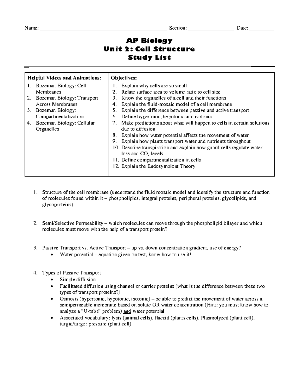 AP Biology Unit 2: Study List on Cell Structure and Transport ...