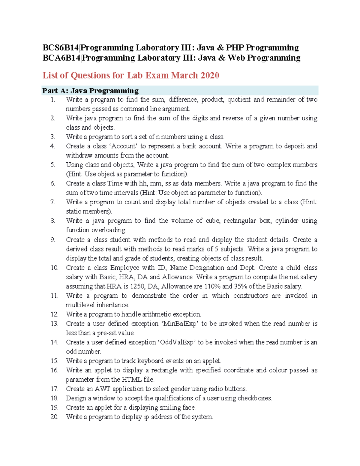 Lab Questions for Java&PHP - BCS6B14|Programming Laboratory III: Java & PHP Programming - Studocu
