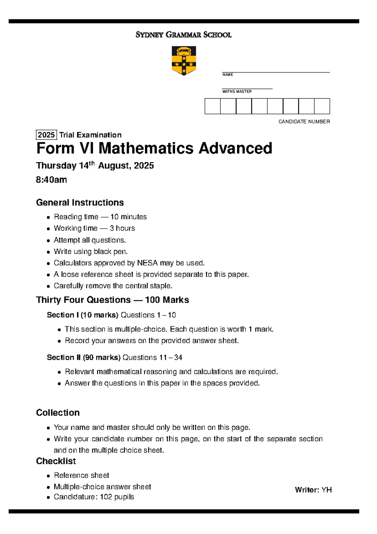 Form VI Mathematics Advanced Trial Examination 2025: Complete Solutions ...