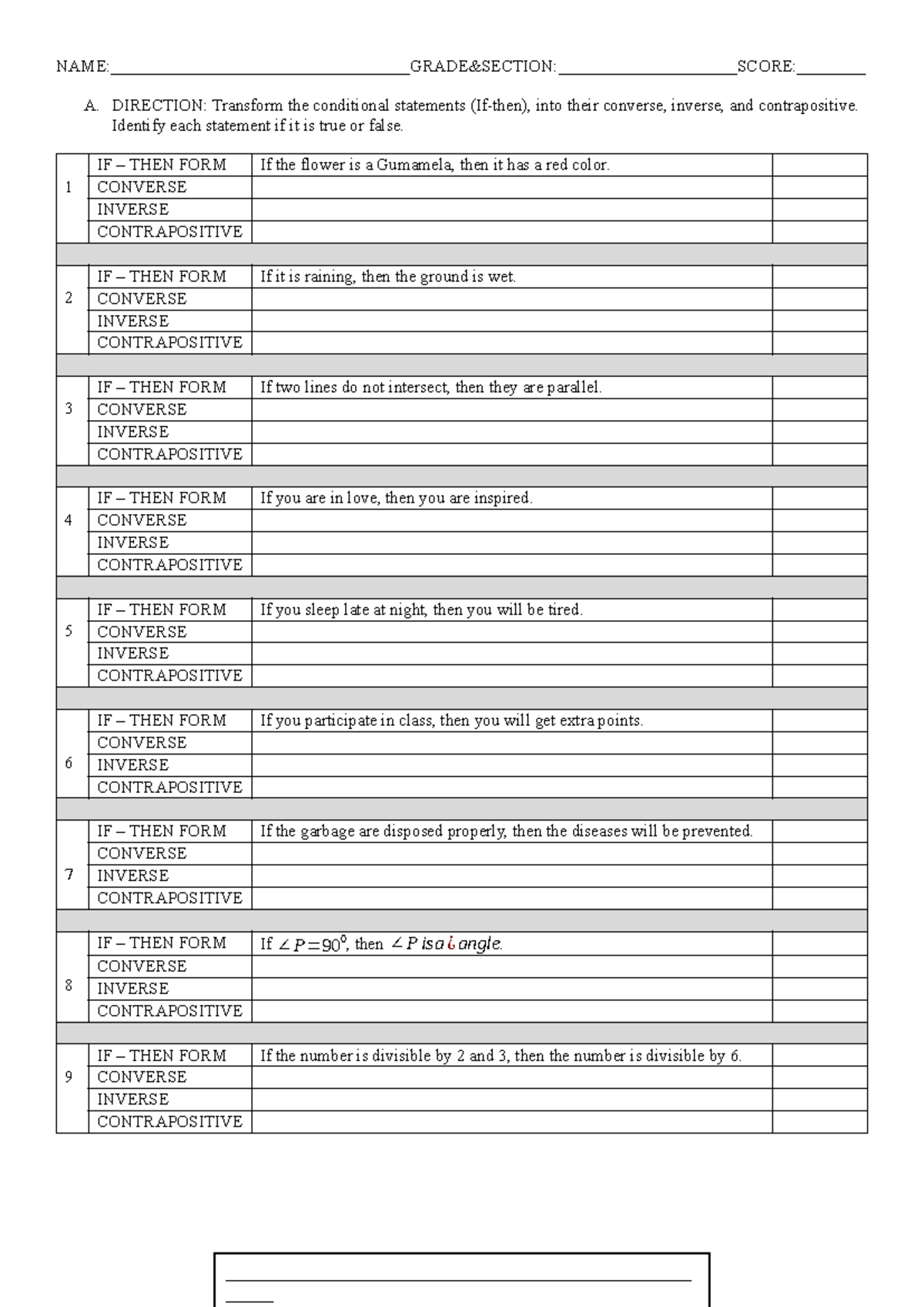 Worksheet on Converse, Inverse, and Contrapositive Statements - Studocu