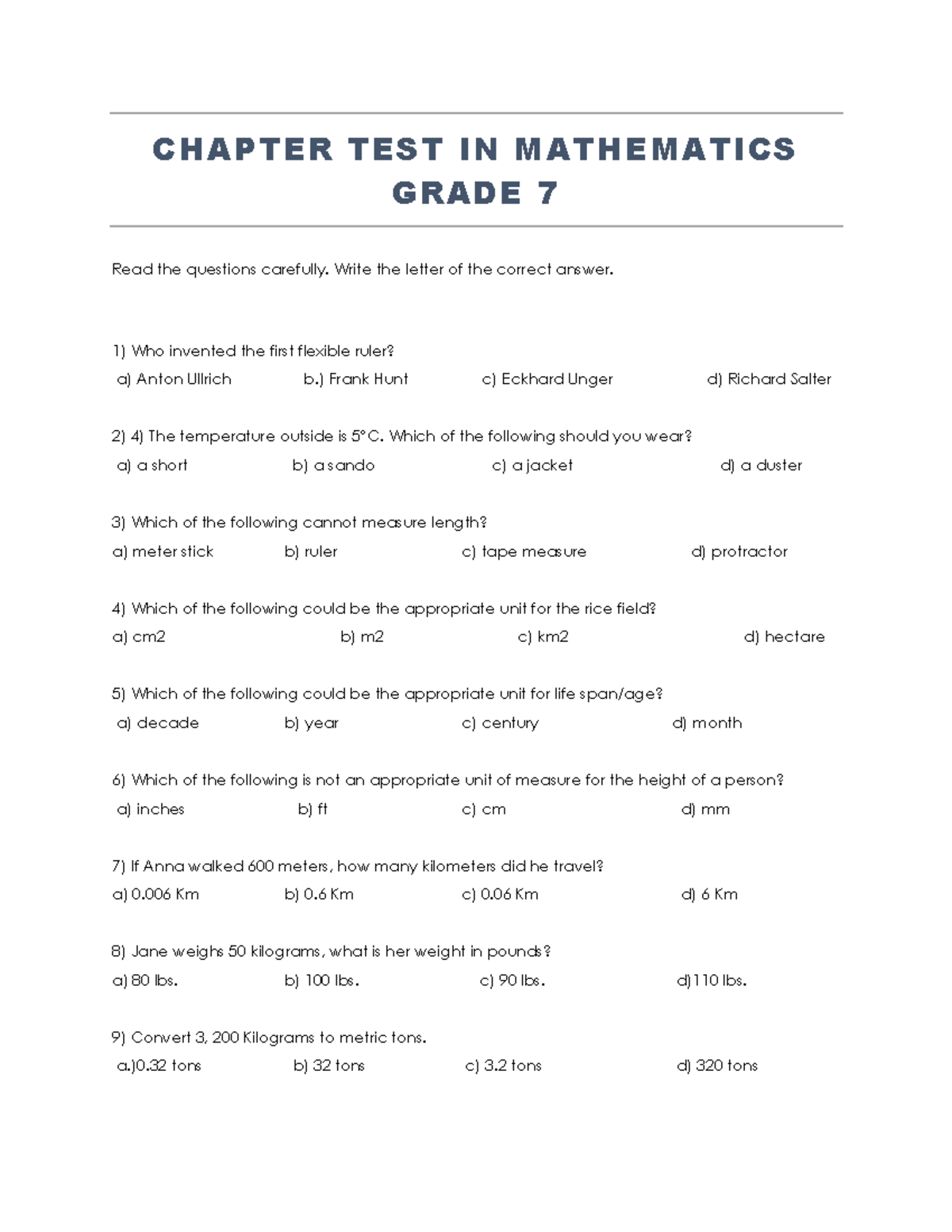 Grade 7 Math Chapter Test - Focus on Measurements and Units - Studocu