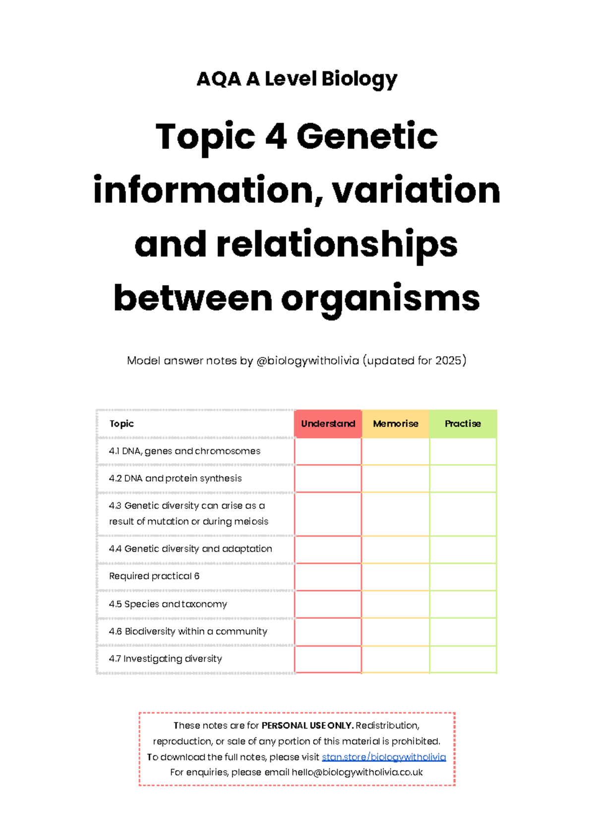 AQA A Level Biology Topic 4: Genetic Info & Relationships Notes (2025 ...