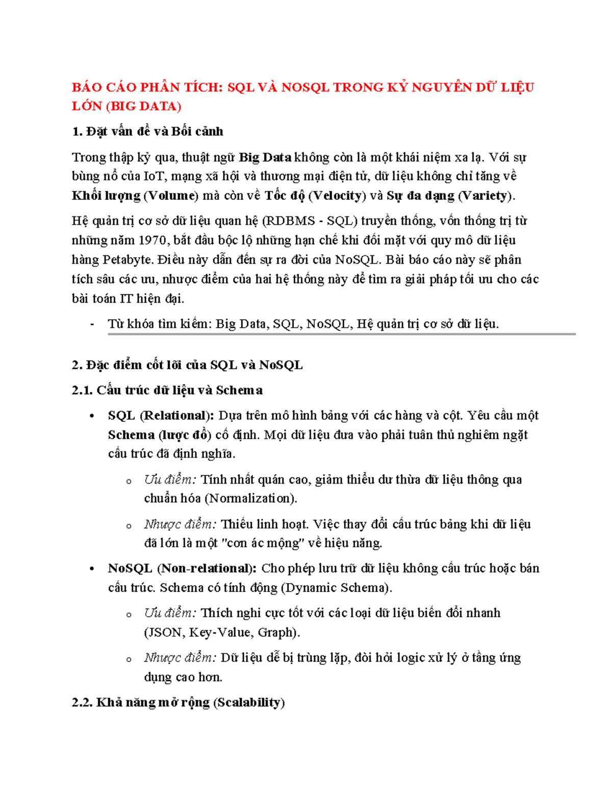 BÁO CÁO PHÂN TÍCH SQL VÀ NOSQL TRONG KỶ NGUYÊN BIG DATA - Studocu