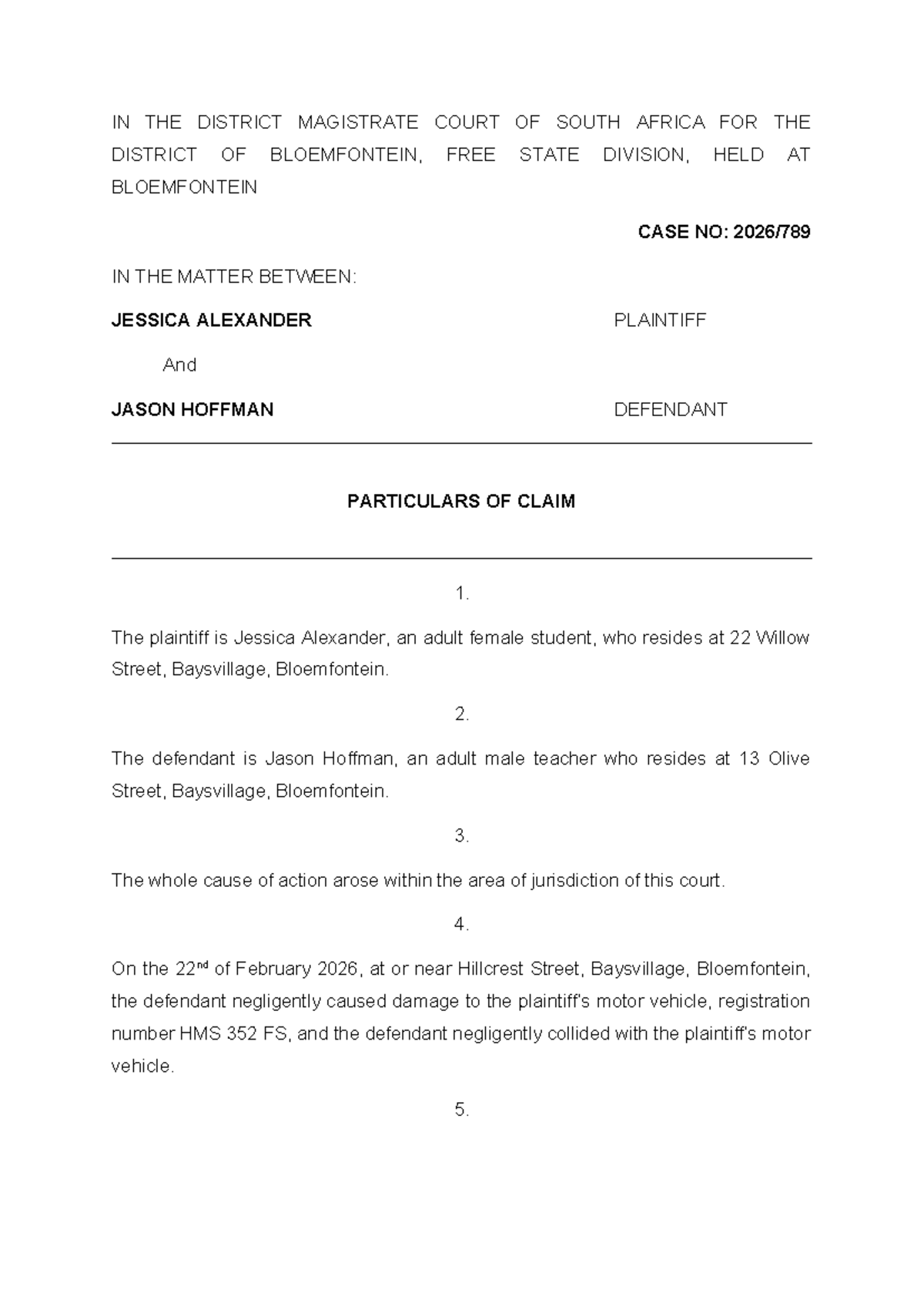 Particulars of Claim Example - CIVIL PROCEDURE 3705 Tutorial Homework 1 ...