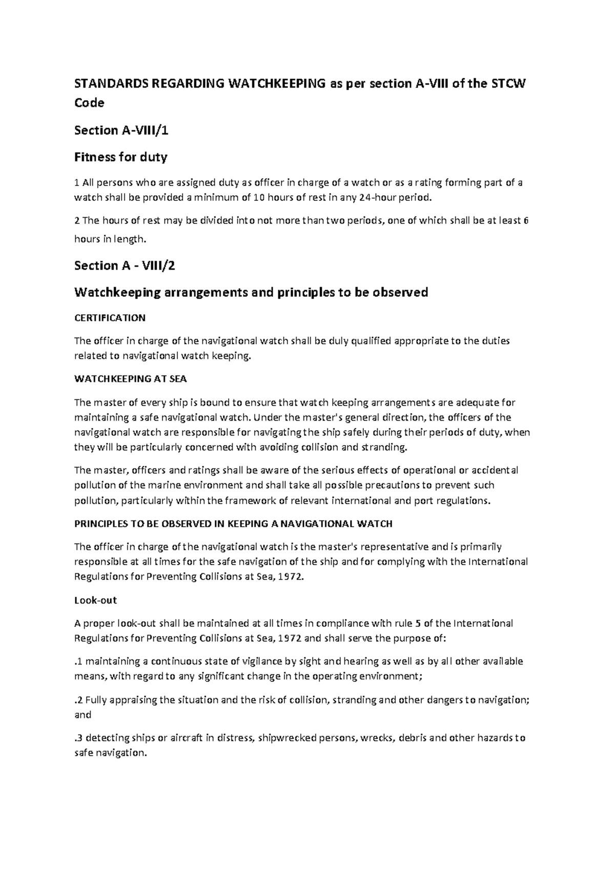 Bridge Watch keeping on a Ship - STANDARDS REGARDING WATCHKEEPING as ...