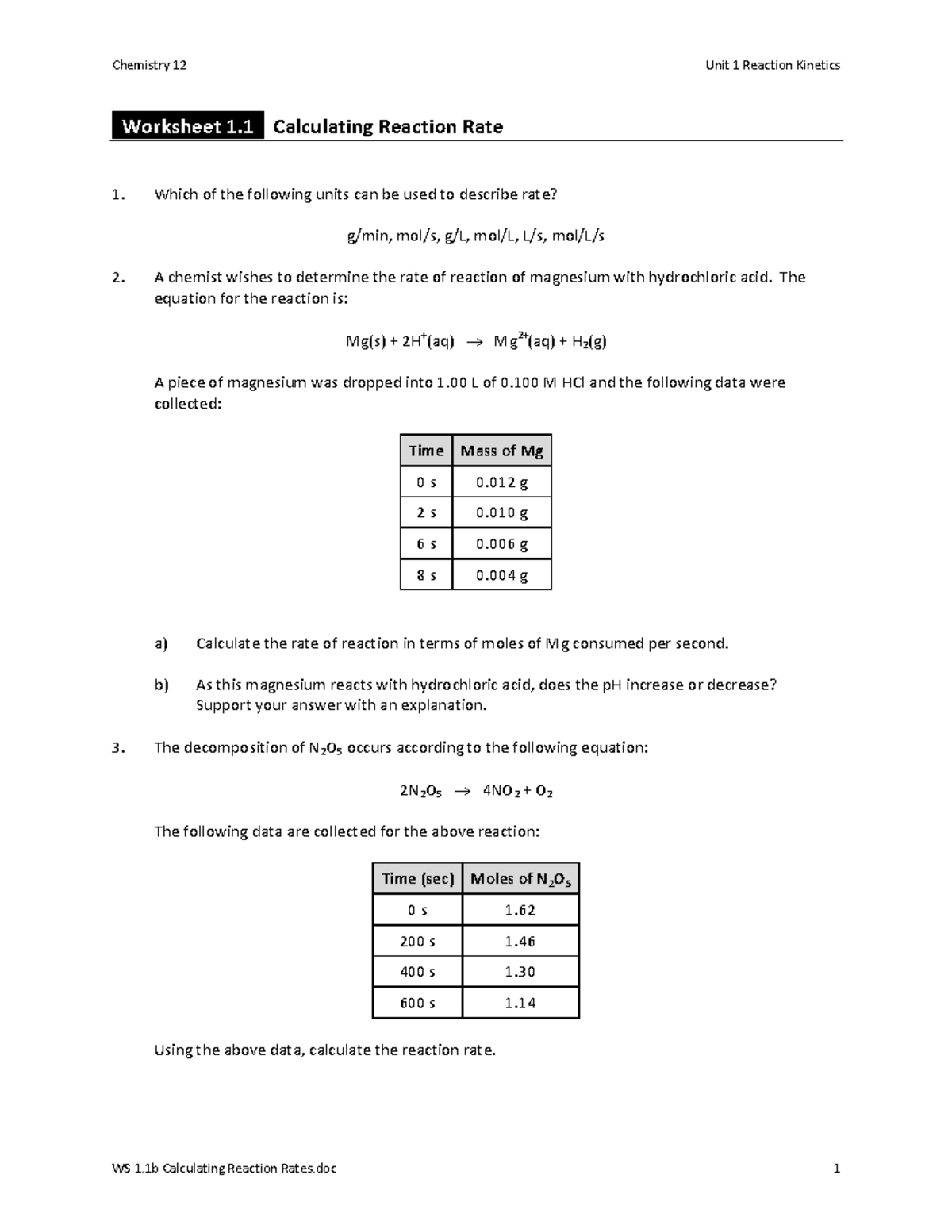 Chemistry 12 Unit 1 Reaction Kinetics WS 1.1: Calculating Reaction ...
