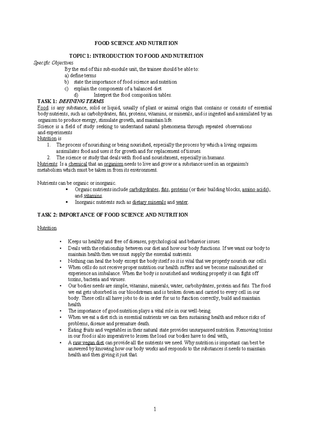 Food Science and Nutrition Lecture Notes: Key Concepts and Components ...