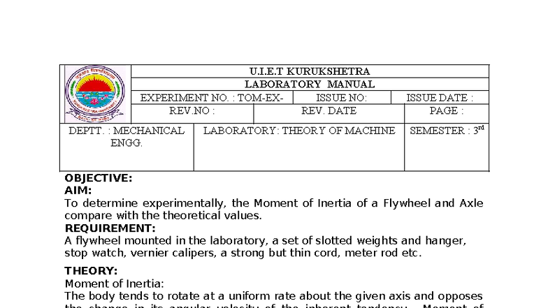 ME-301 Laboratory Manual: Moment of Inertia of Flywheel Experiment ...
