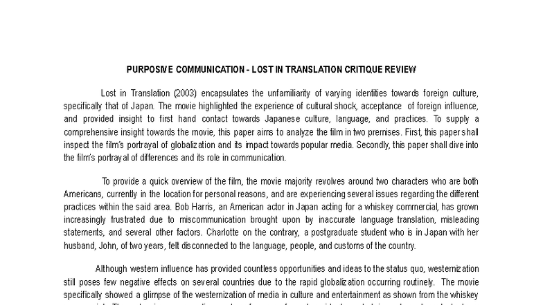 PURPOSIVE COMMUNICATION: Lost in Translation Film Critique Review - Studocu