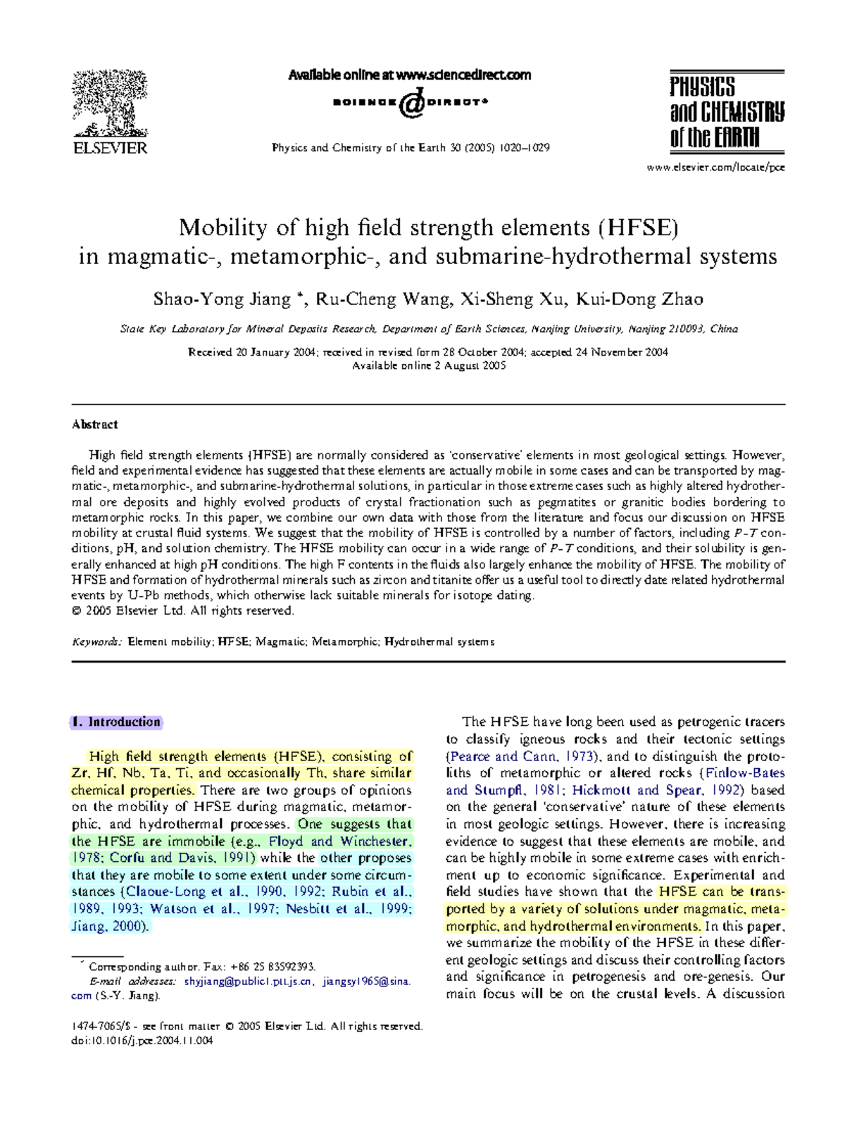 Mobility of High Field Strength Elements (HFSE) in Geological Systems ...