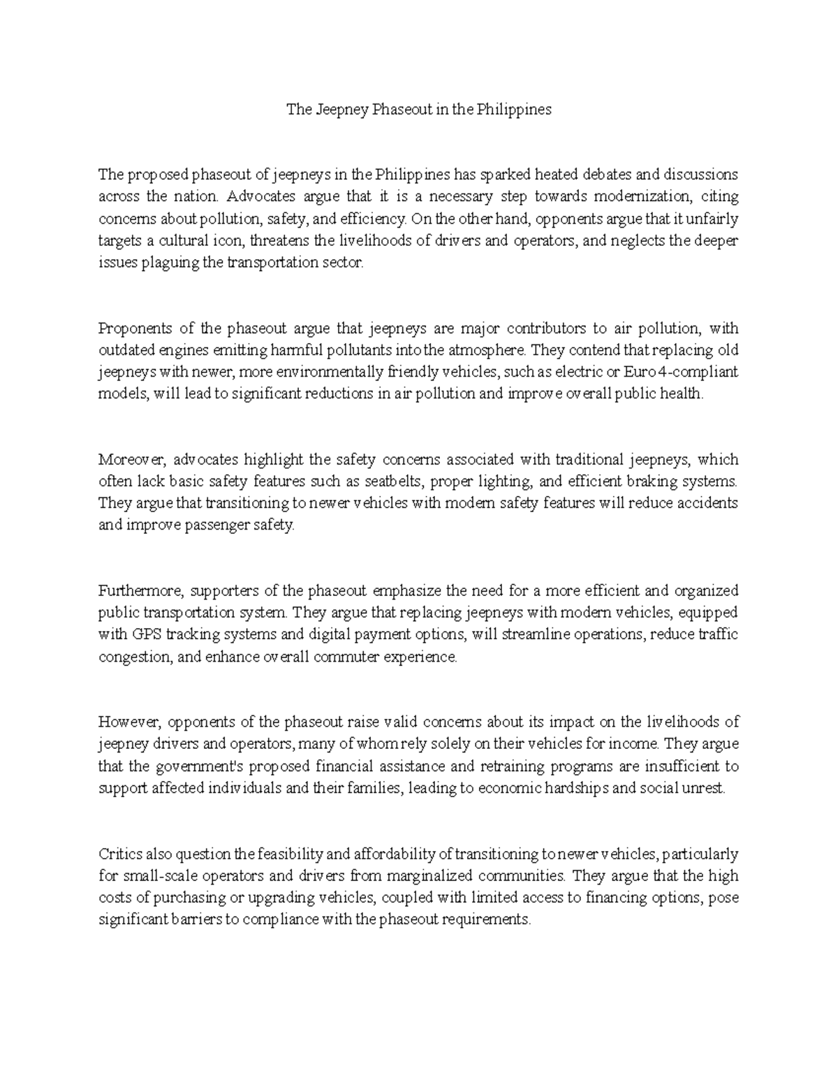 Essay on Jeepney Phaseout: Debates on Modernization vs. Culture - Studocu