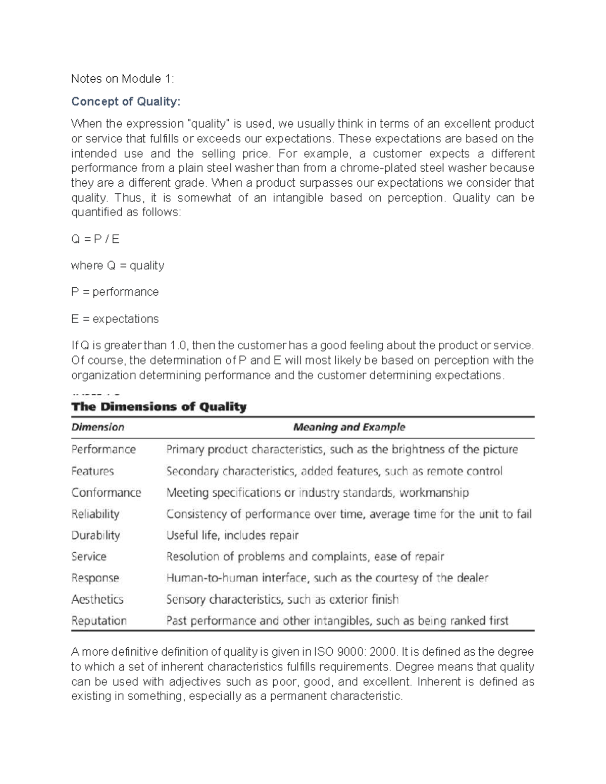 TQM Module I Notes: Understanding the Concept of Quality - Studocu
