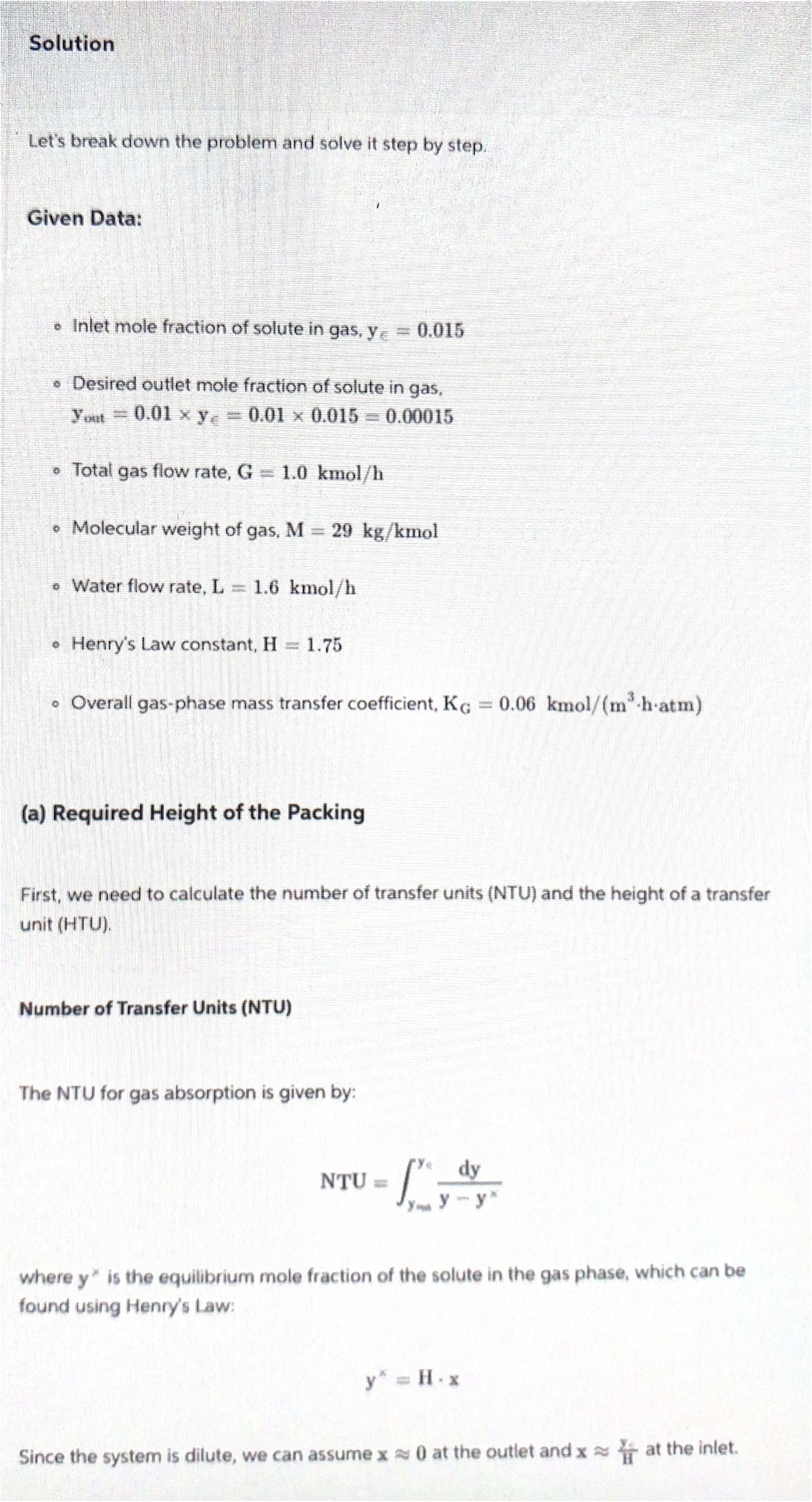 Solution Breakdown for Gas Absorption: NTU & HTU Calculations - Studocu