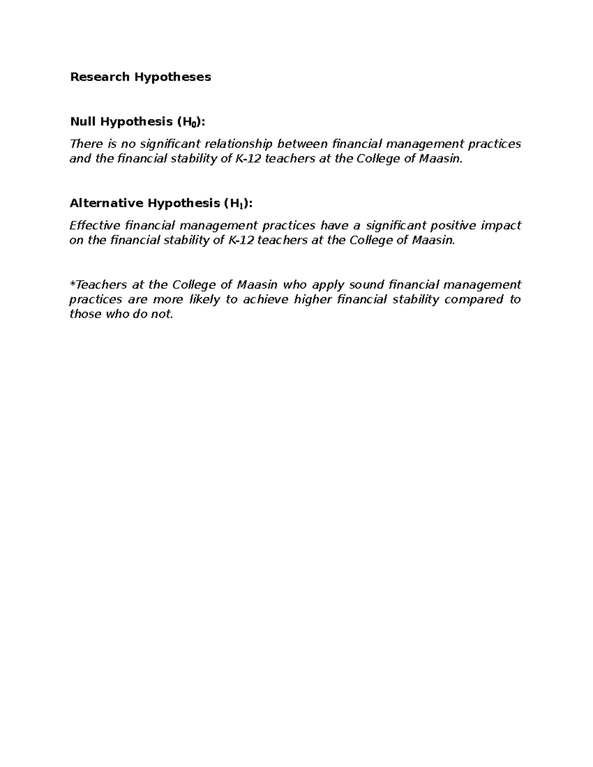 Research-Hypotheses - Hypothesis - Research Hypotheses Null Hypothesis (H₀): There is no ...