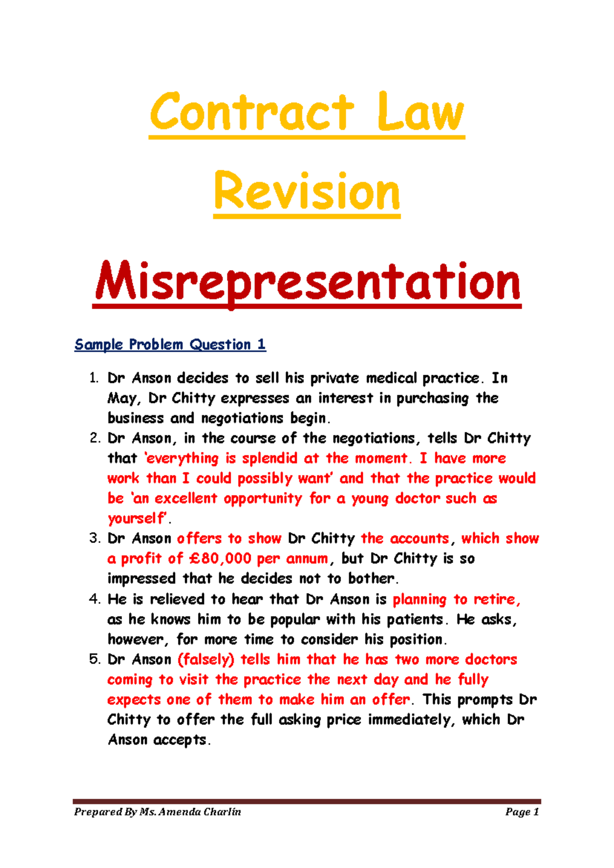 TC- Misrepresentation - Question 1 -Past Year - Contract Law Revision ...