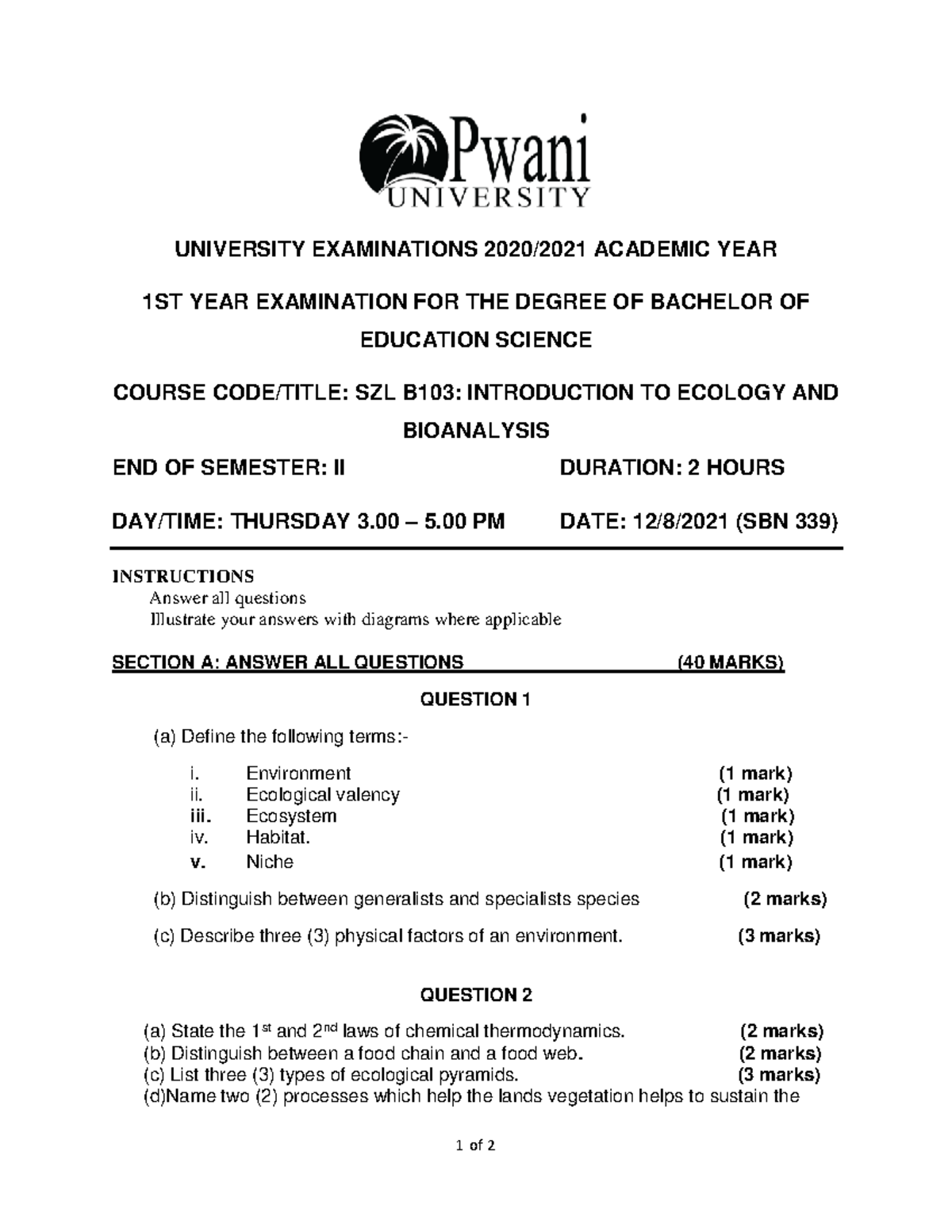 SZL B103 Final Exam: Introduction to Ecology & Bioanalysis Guide - Studocu