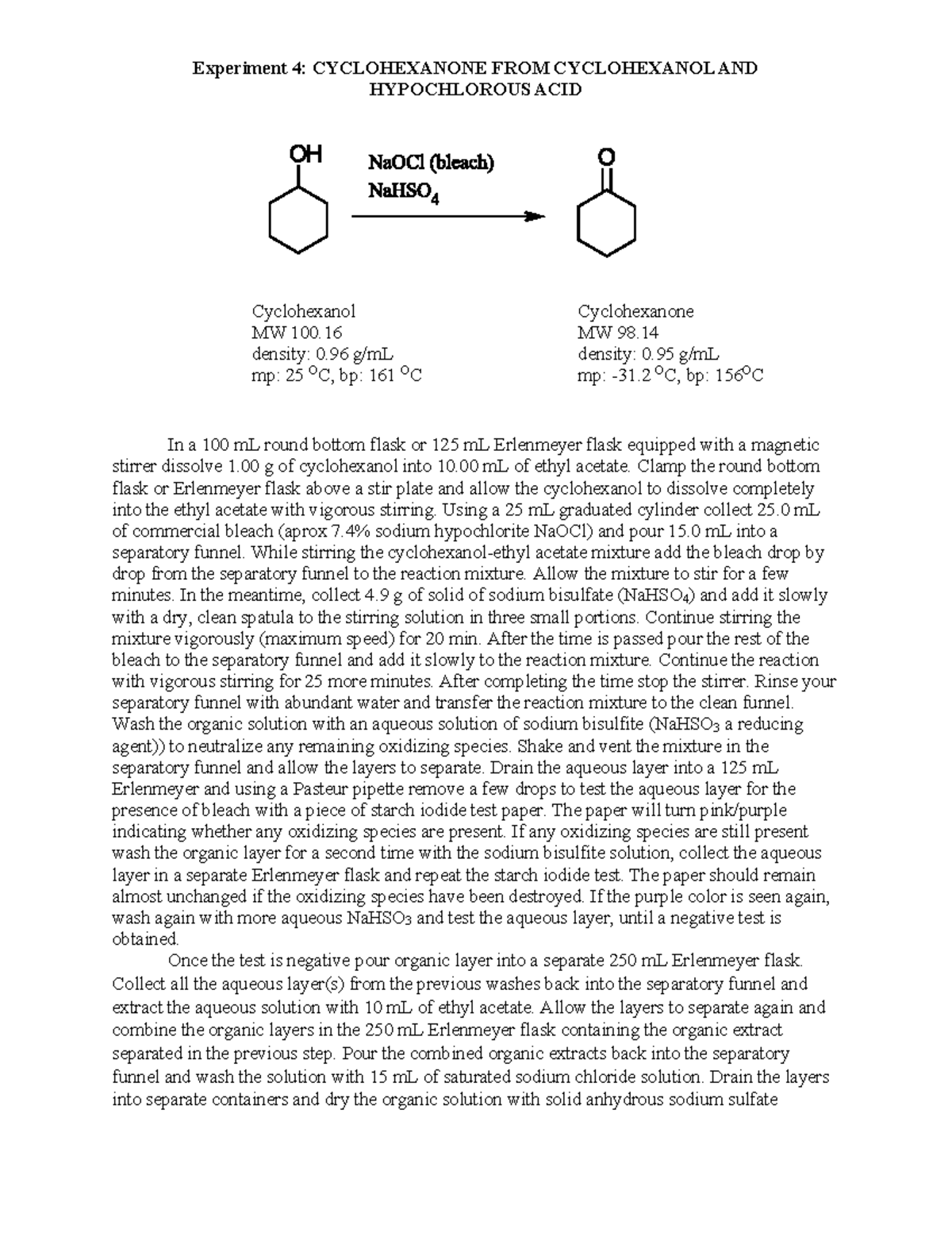 Experiment 4: Oxidation of Cyclohexanol to Cyclohexanone (Fall 2025 ...