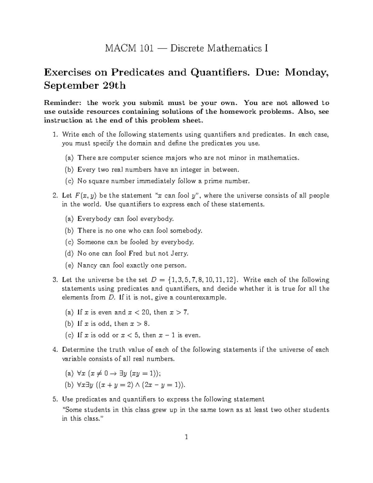 MACM 101 Discrete Mathematics I: Exercises on Predicates & Quantifiers ...