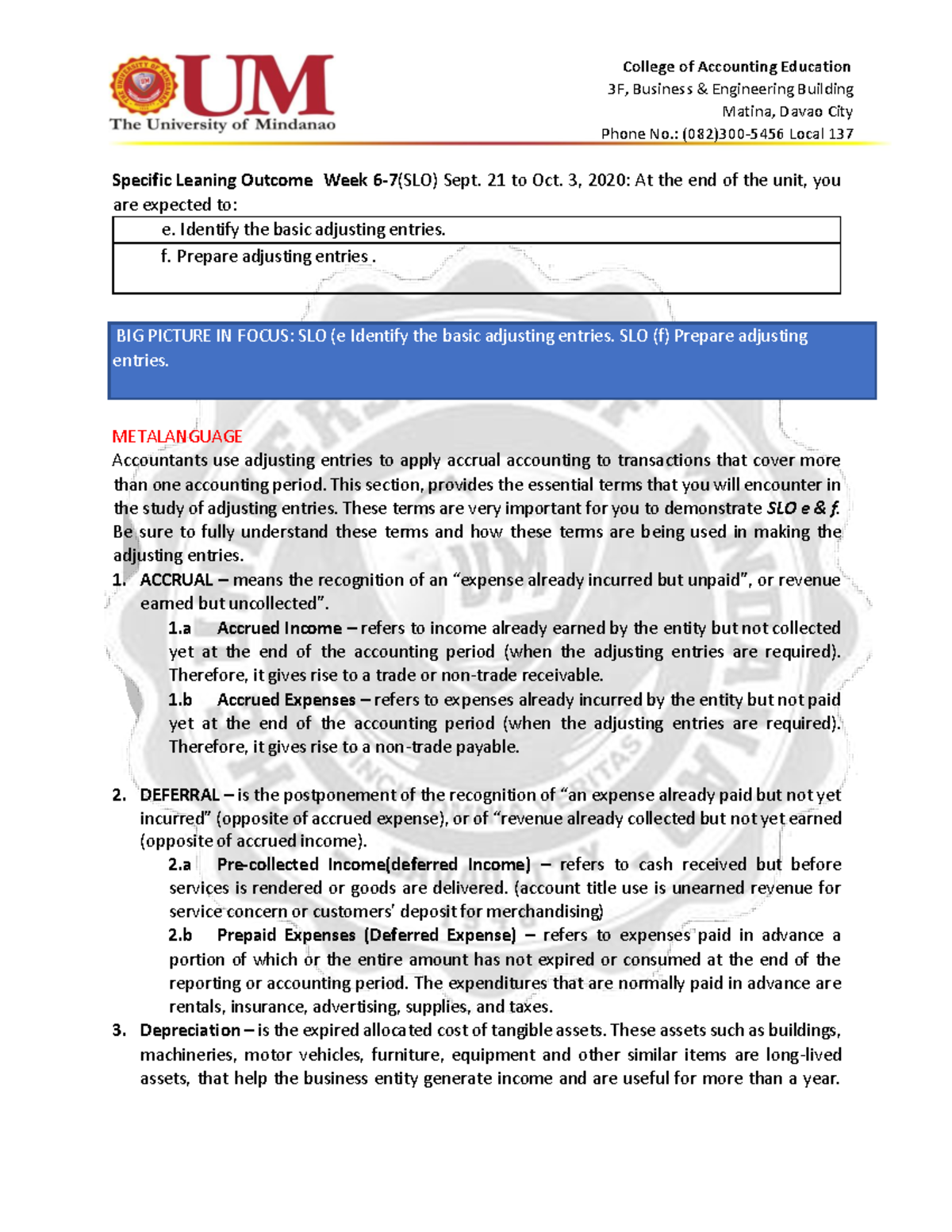 Accounting module week - 3F, Business & Engineering Building Matina ...