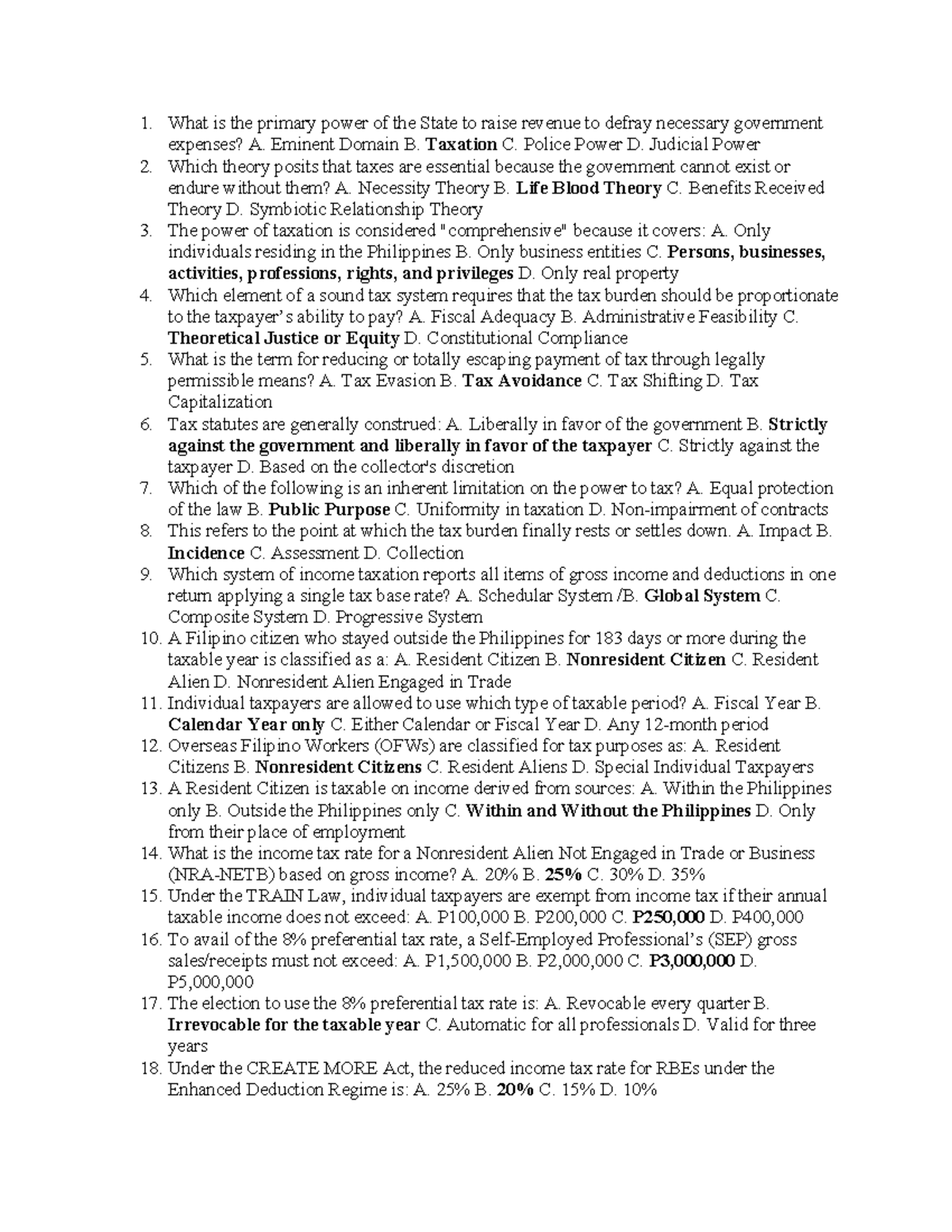 Tax 1: Key Concepts and Questions on Taxation Principles - Studocu