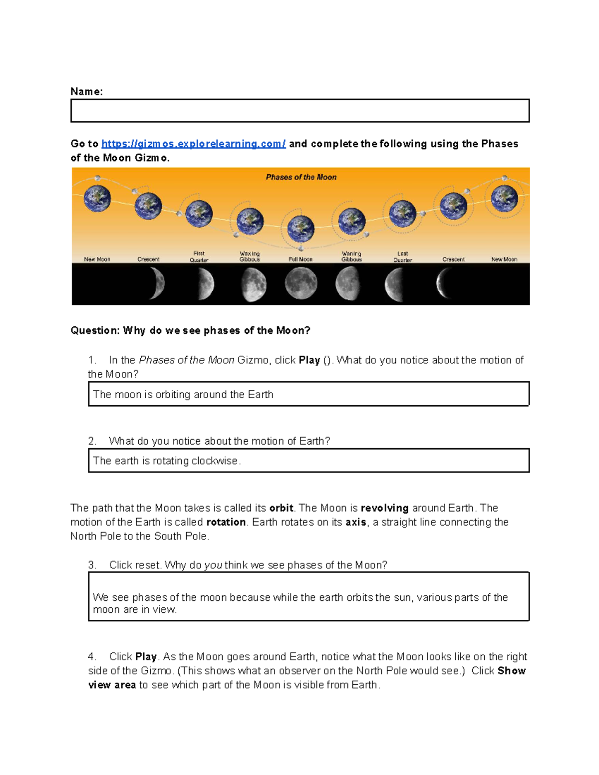 Phases of the Moon: Observations from the Moon Gizmo - Studocu