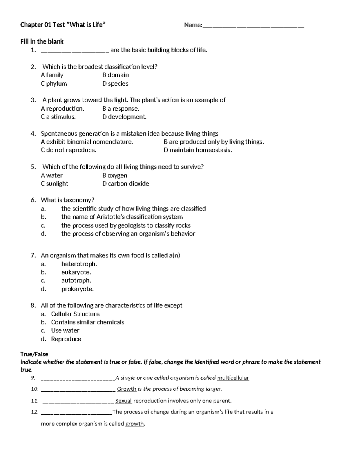 Whatis Life Chapter 1Test-1 - Chapter 01 Test “What is Life” Name