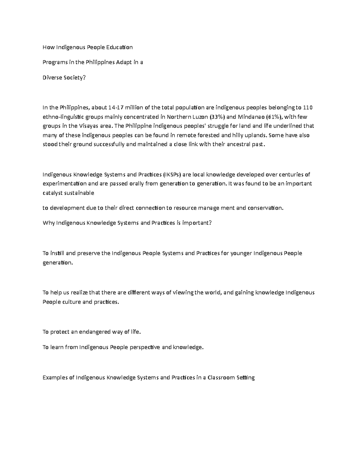 Indigenous Peoples Education Framework in the Philippines (IKSP) - Studocu