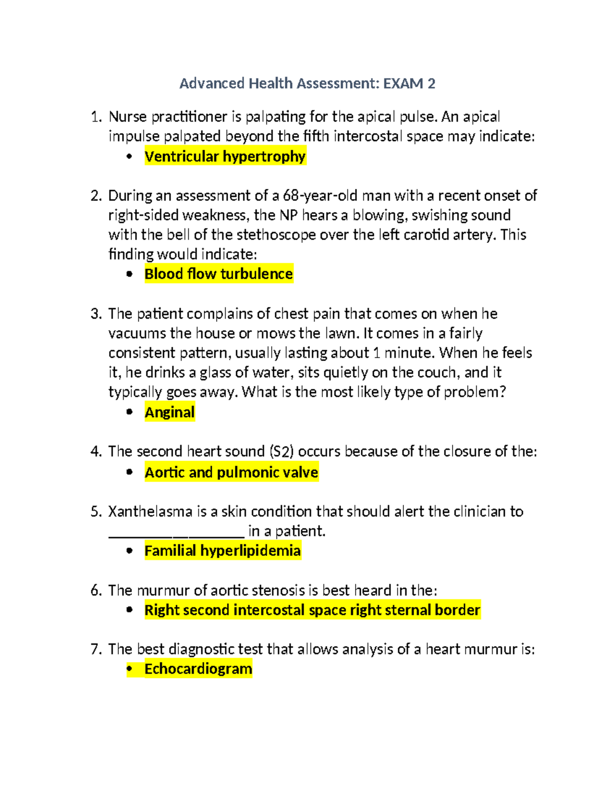 Advanced Health Assessment: EXAM 2 Review Notes - Studocu
