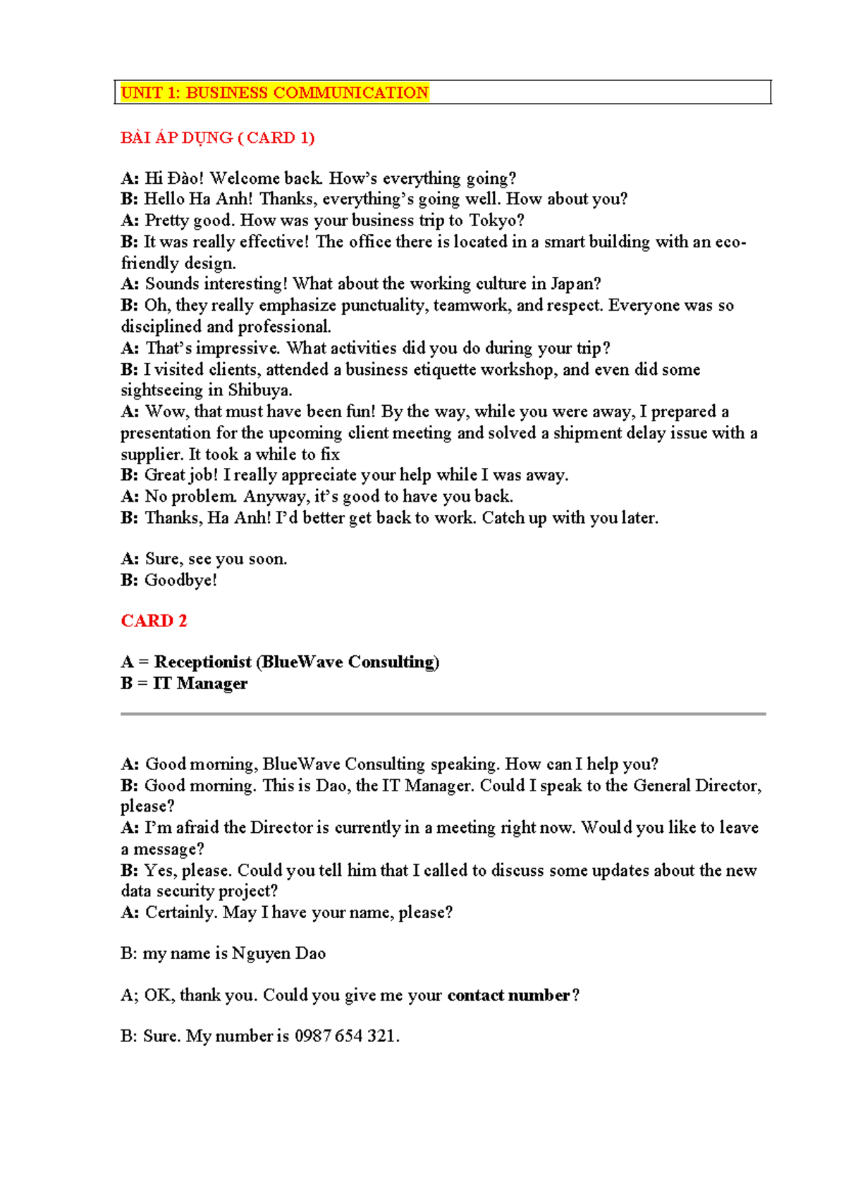 UNIT 1: BUSINESS COMMUNICATION - BÀI ÁP DỤNG (CARD 1) Dialogue Notes ...