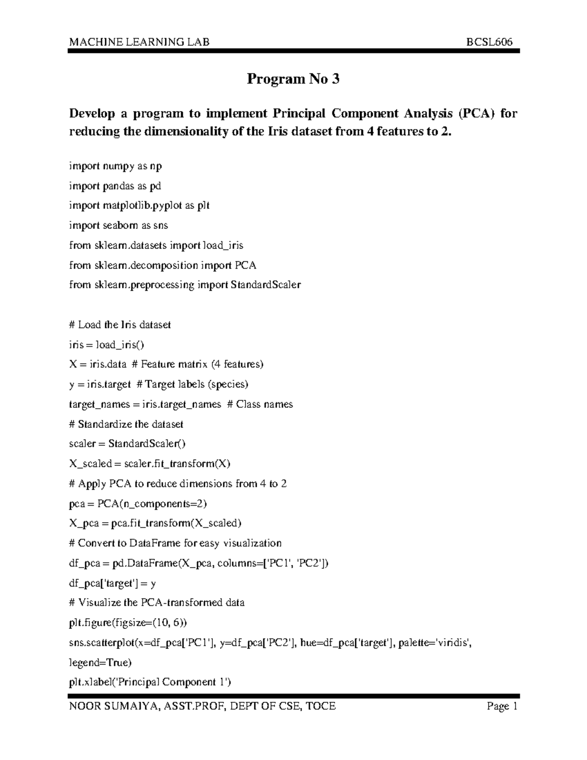 MACHINE LEARNING LAB BCSL606: PCA Implementation on Iris Dataset - Studocu