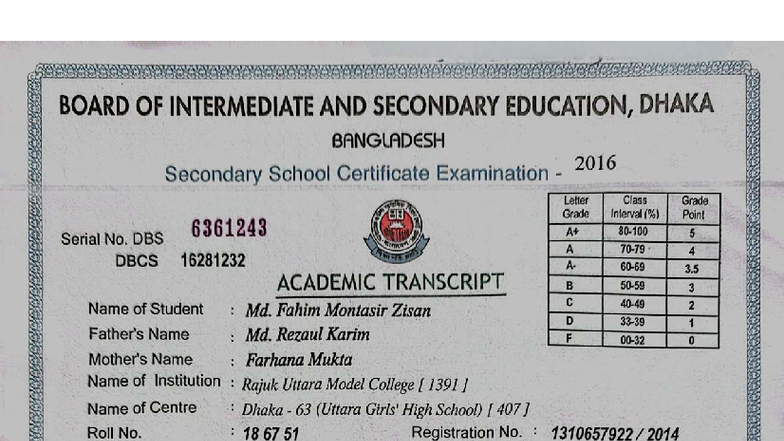 SSC Transcript - Certificate 2016 for Md. Fahim Montasir Zisan - Studocu