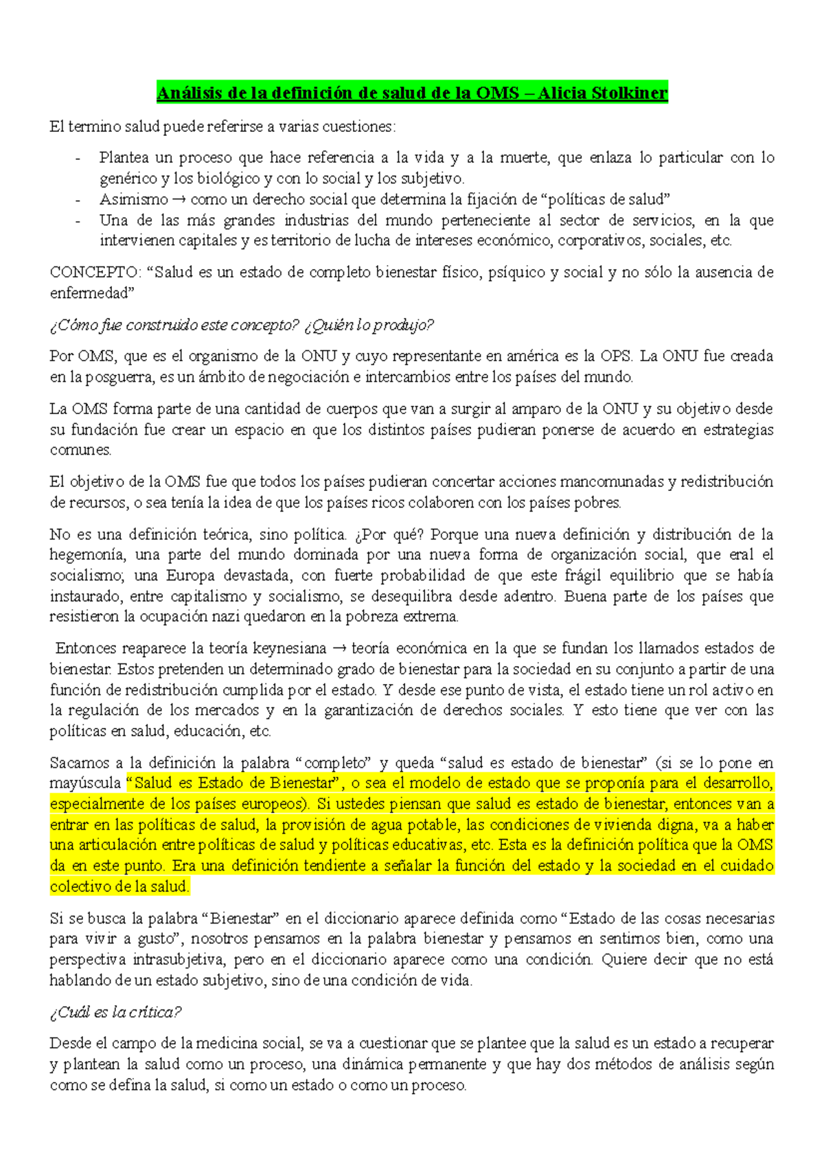 Análisis Crítico de la Definición de Salud de la OMS - Stolkiner - Studocu