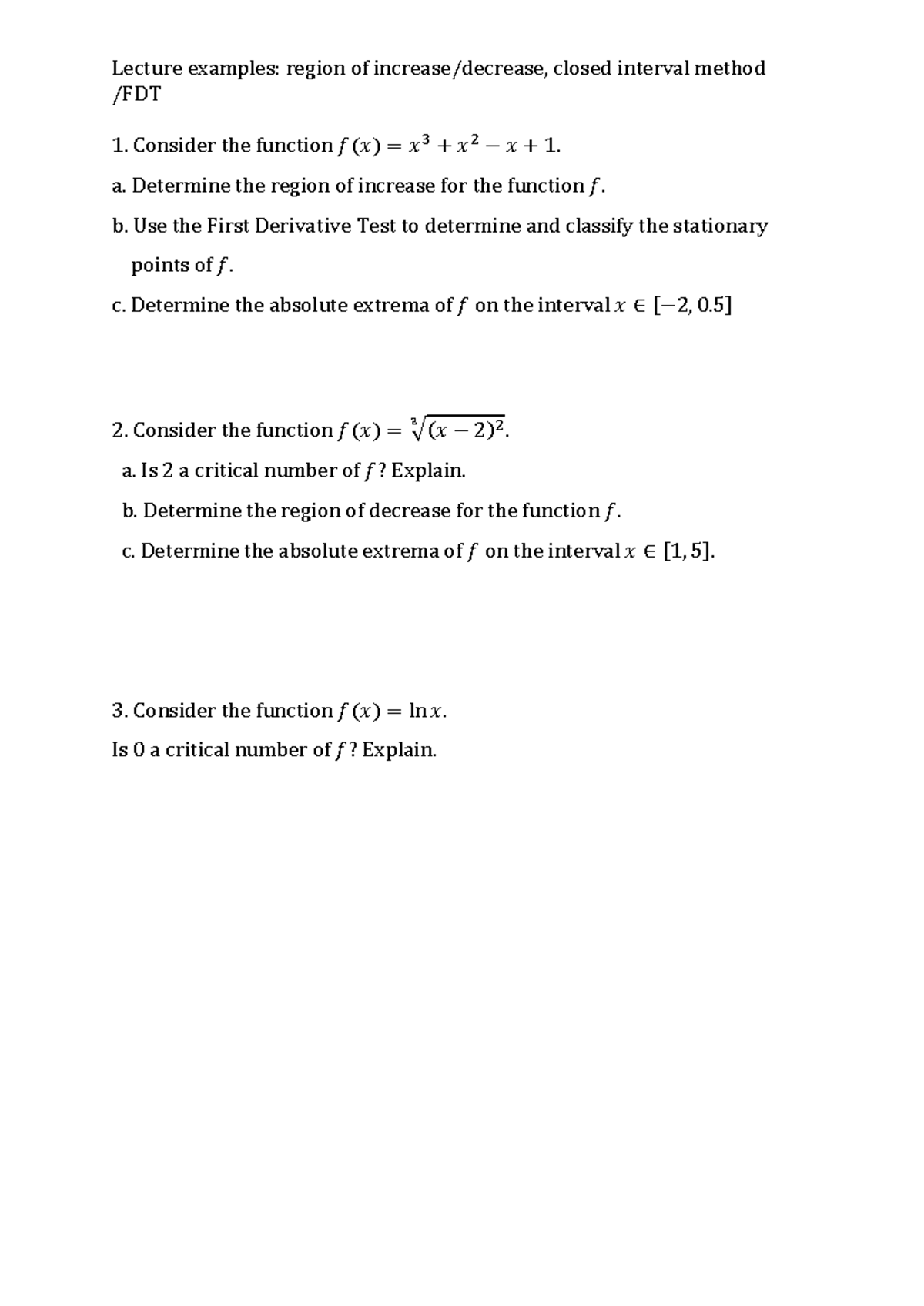 FDT Lecture Notes: Closed Interval Method & Examples of Functions - Studocu