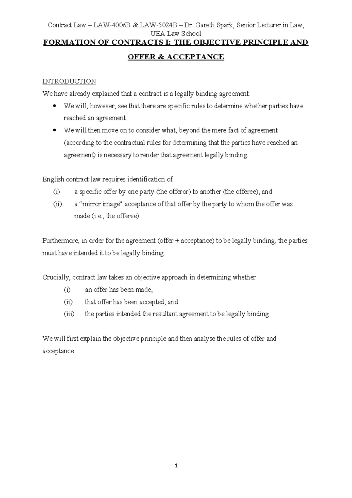 Agreement - The Objective Principle - UEA Law School FORMATION OF ...