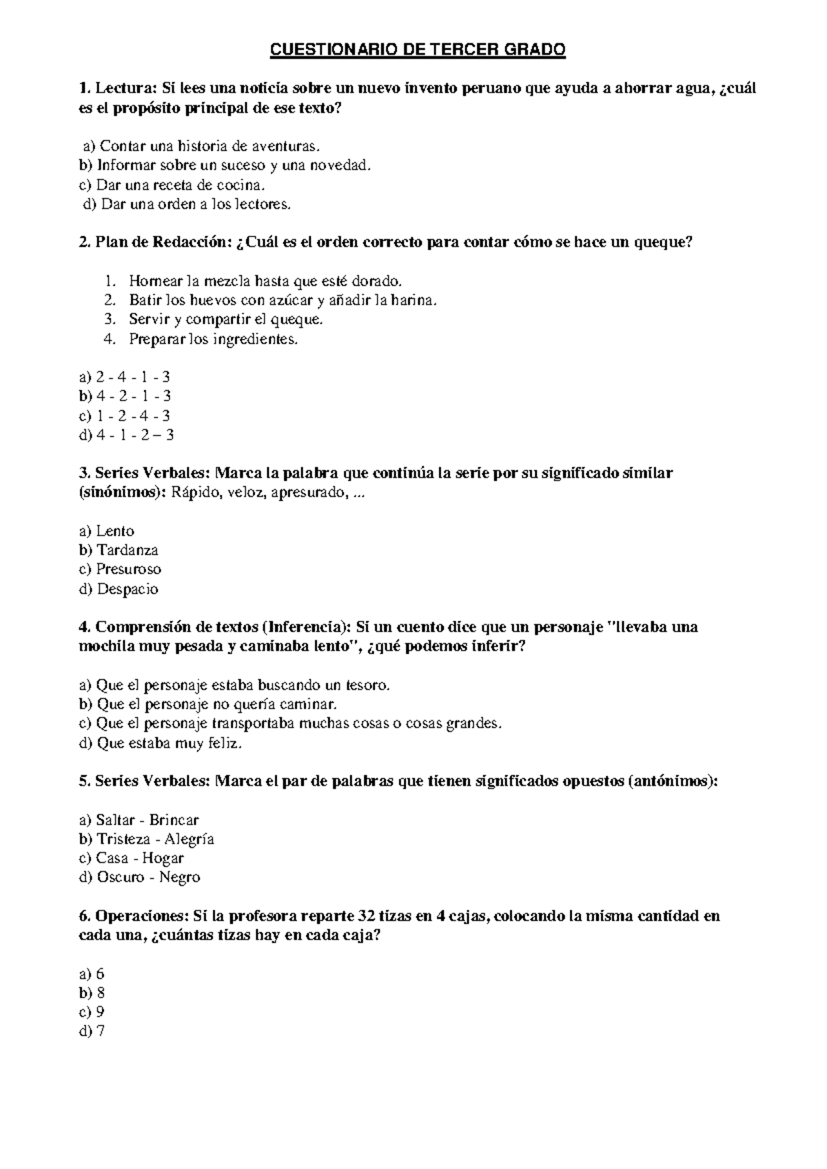 Cuestionario de Tercer Grado: Comprensión y Matemáticas - Studocu