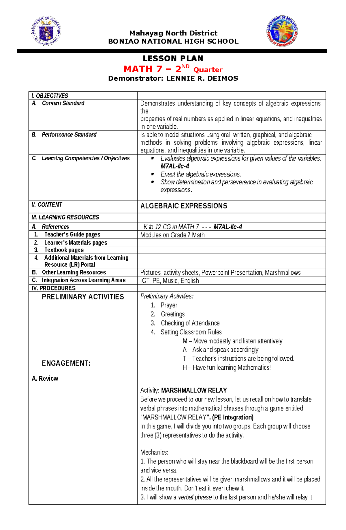 Lesson Plan for MATH 7 by Lennie R. Deimos - Studocu