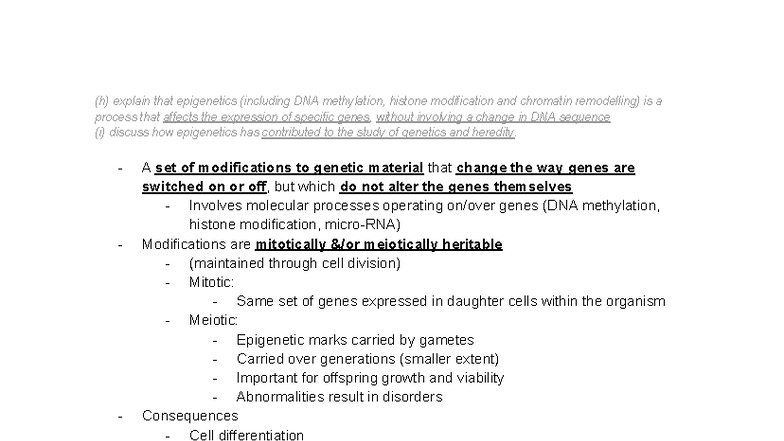 H3 Notes - Epigenetics: Gene Expression & Heredity Insights - Studocu