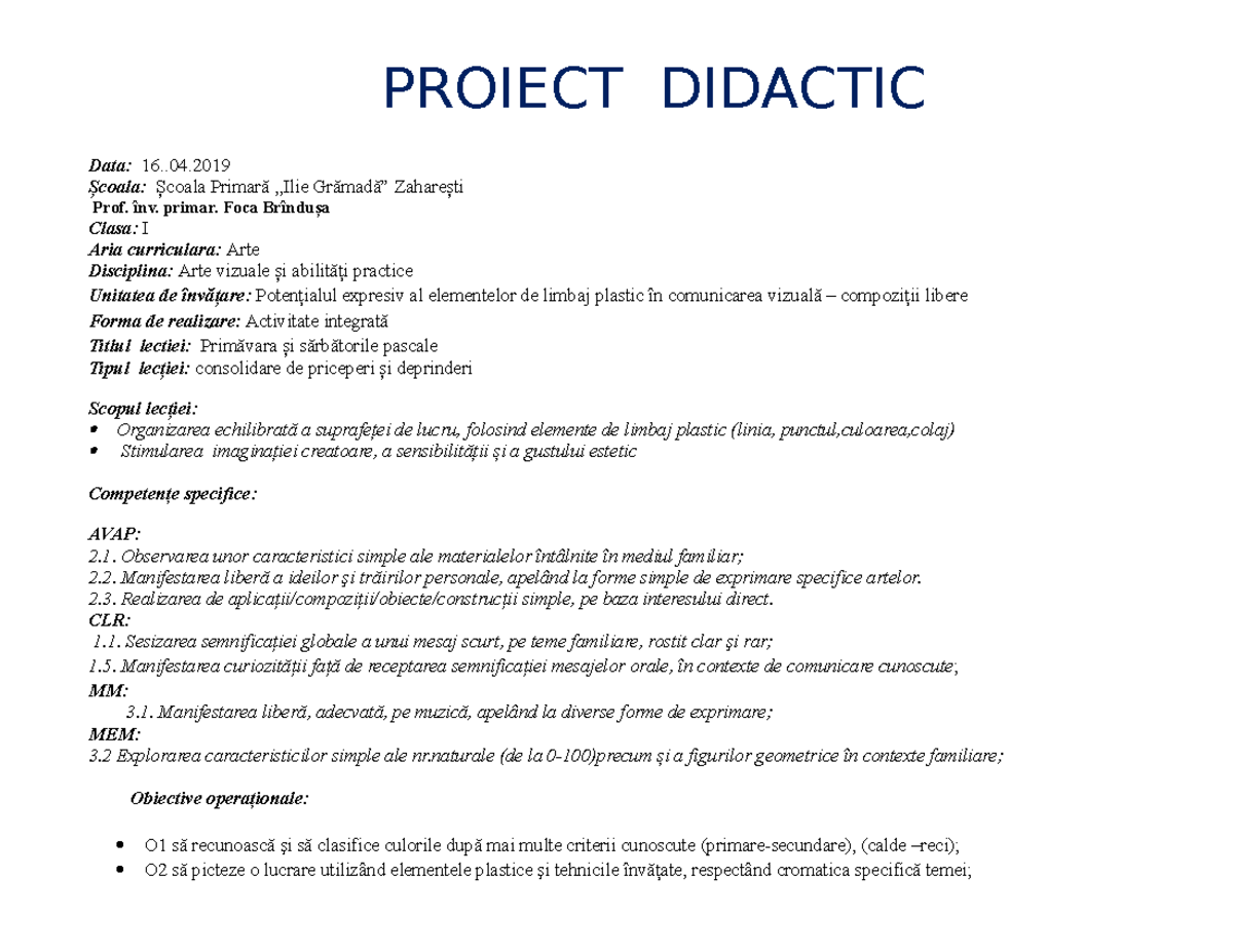 Brenda proiect didactic clasa i avap - PROIECT DIDACTIC Data: 16 ...