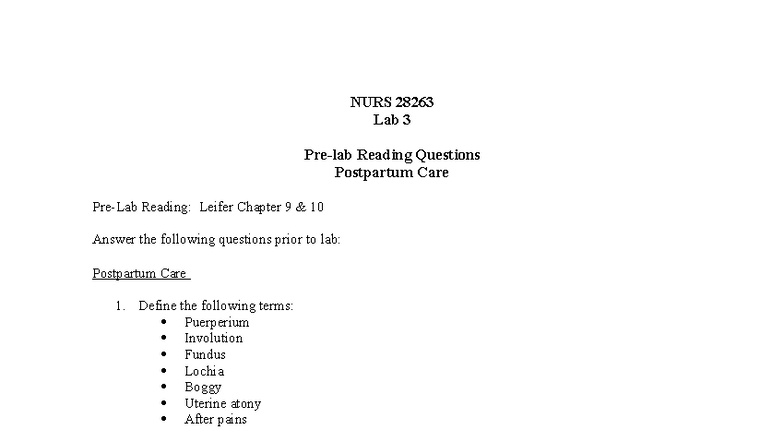 Prelab reading- Post partum- Mother and Baby - NURS 28263 Lab 3 Pre-lab ...