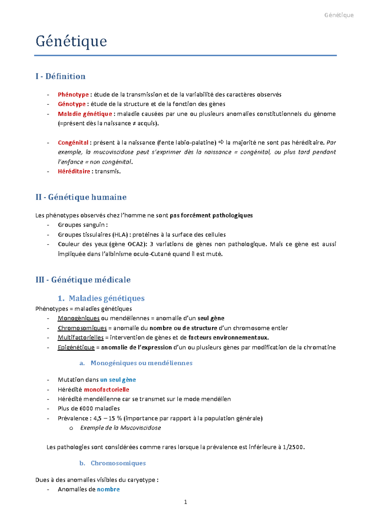 Génétique - Notes de cours 1 (Génétiques et Maladies) - Studocu