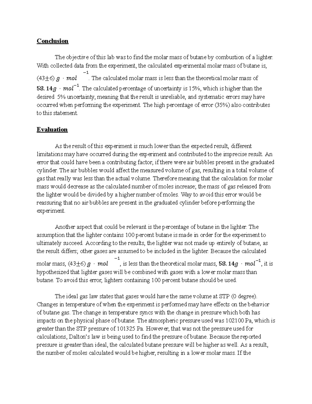Chemistry Mock IA - Determining Molar Mass of Butane by Combustion ...