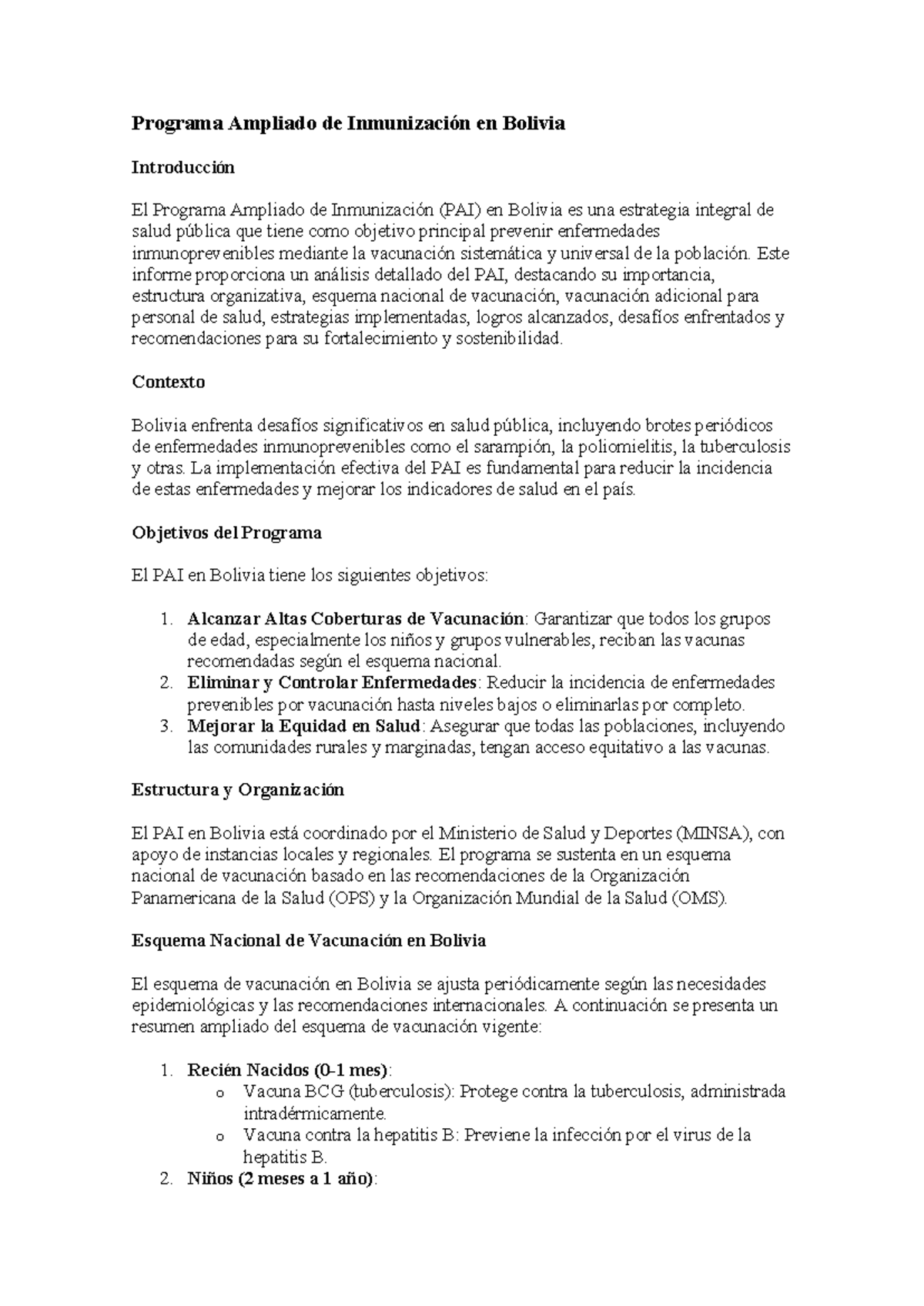 Análisis del Programa Ampliado de Inmunización en Bolivia (PAI) - Studocu