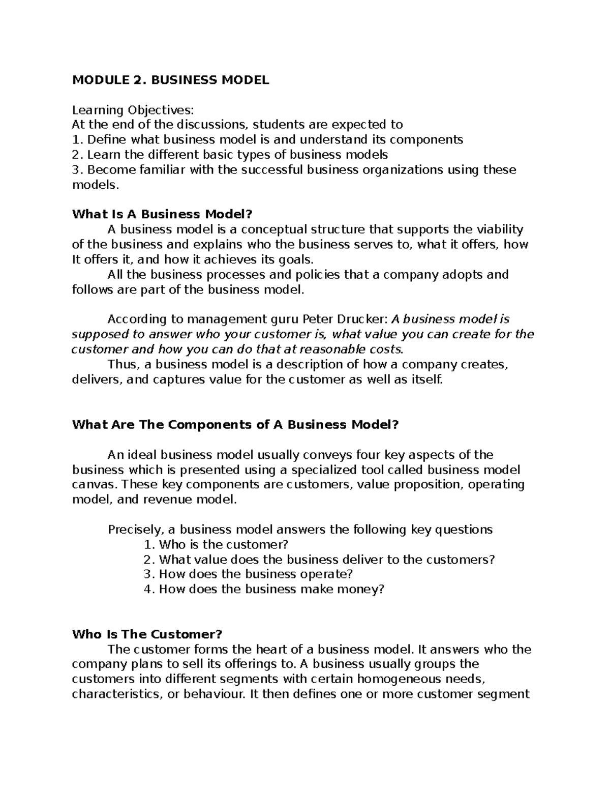 Module 2 Business Logic - MODULE 2. BUSINESS MODEL Learning Objectives: At the end of the - Studocu