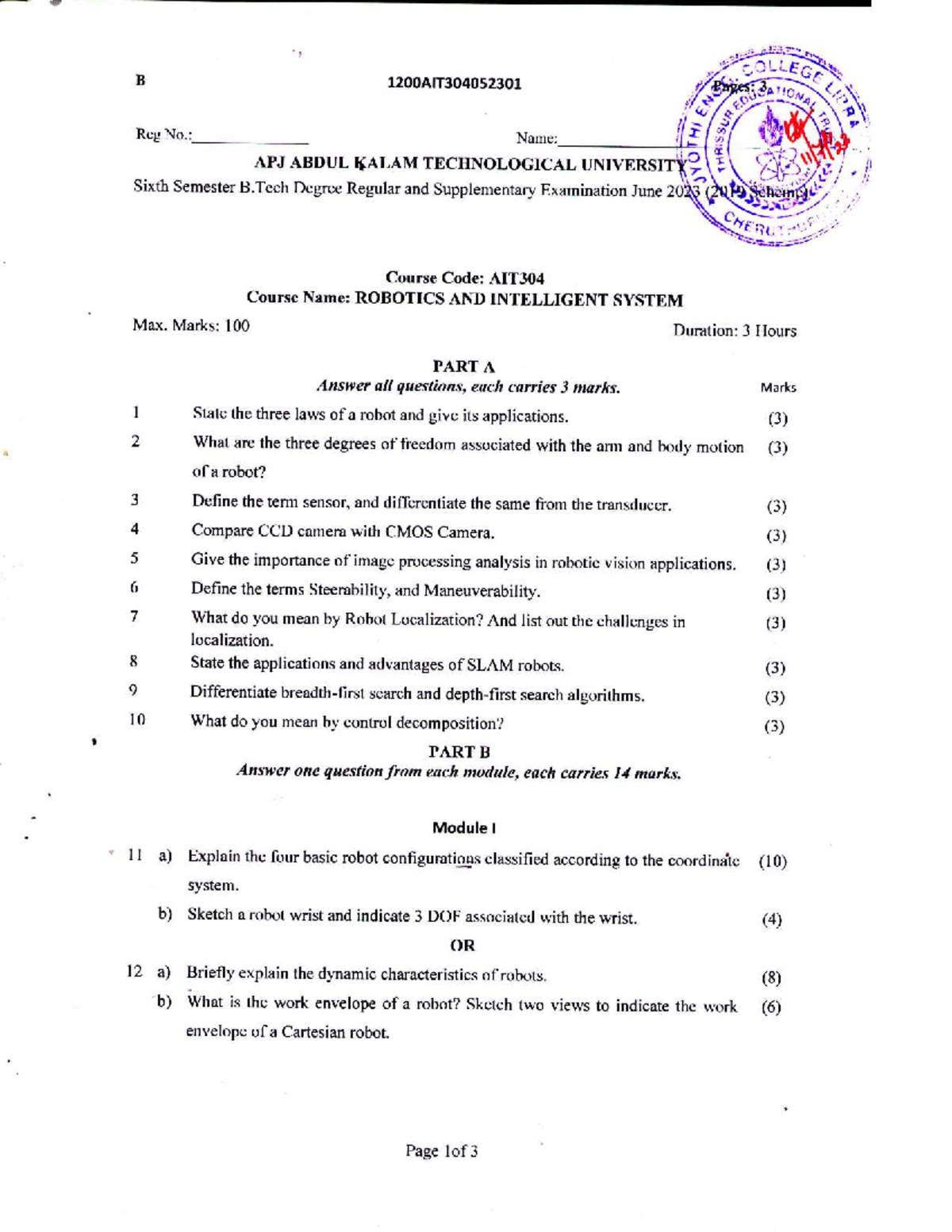 AIT304 Robotics and Intelligent Systems Final Exam Guide - Studocu