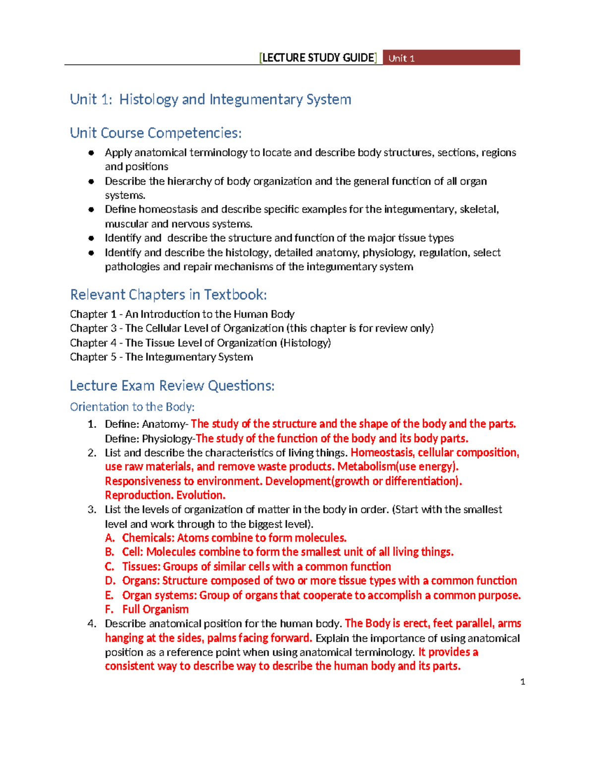 Histology and Integumentary System Study Guide (BIO 101) - Unit 1 Exam ...