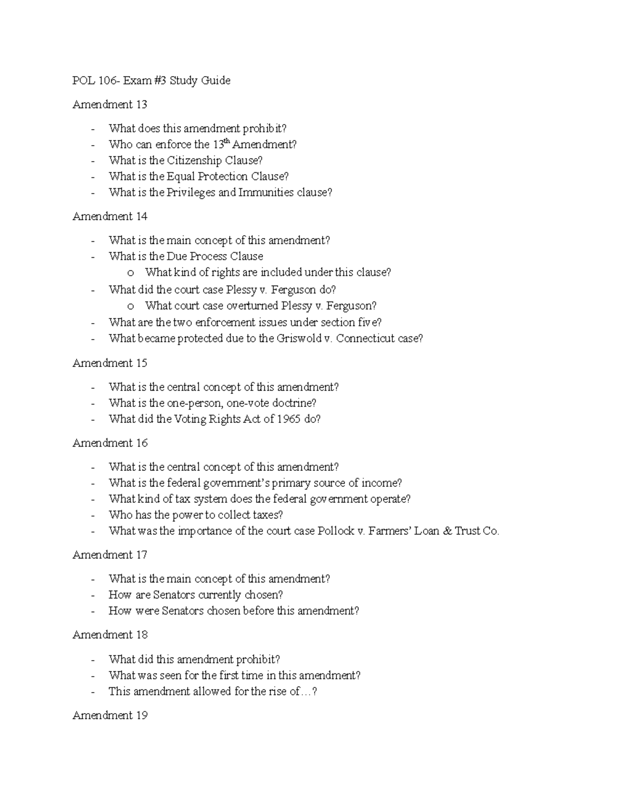 POL 106 - Exam #3 Study Guide on Constitutional Amendments - POL 106- Exam #3 Study Guide ...