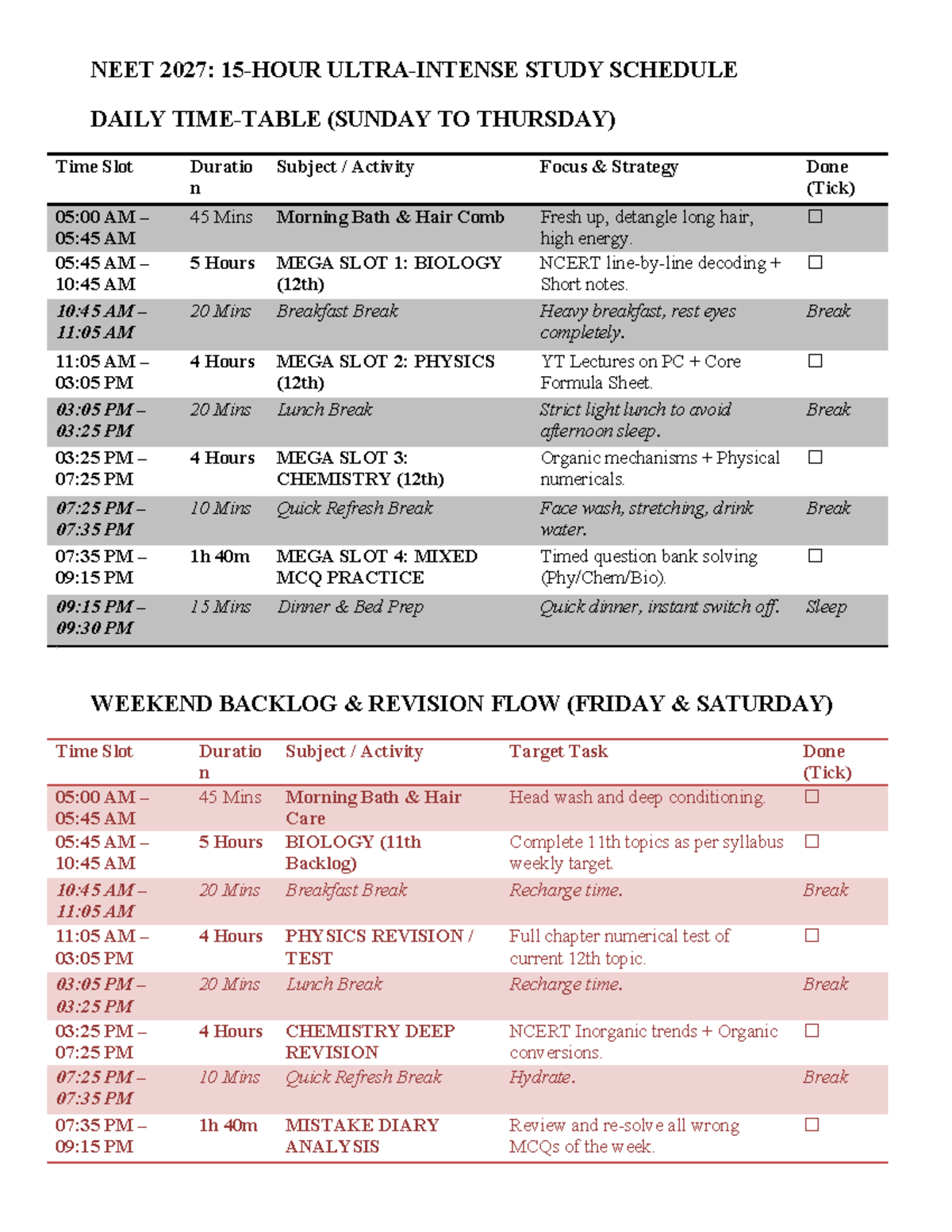 NEET 2027: Daily Study Schedule (Sun-Thurs) for Exam Prep - Studocu