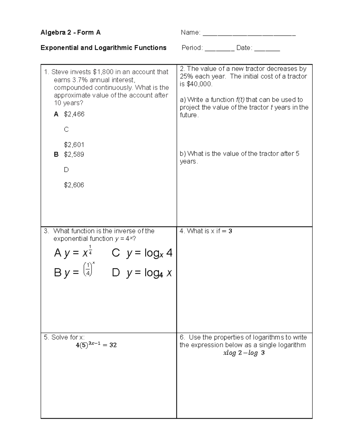 Exponential and Logarithmic Functions - Algebra 2 Quiz Form A - Studocu