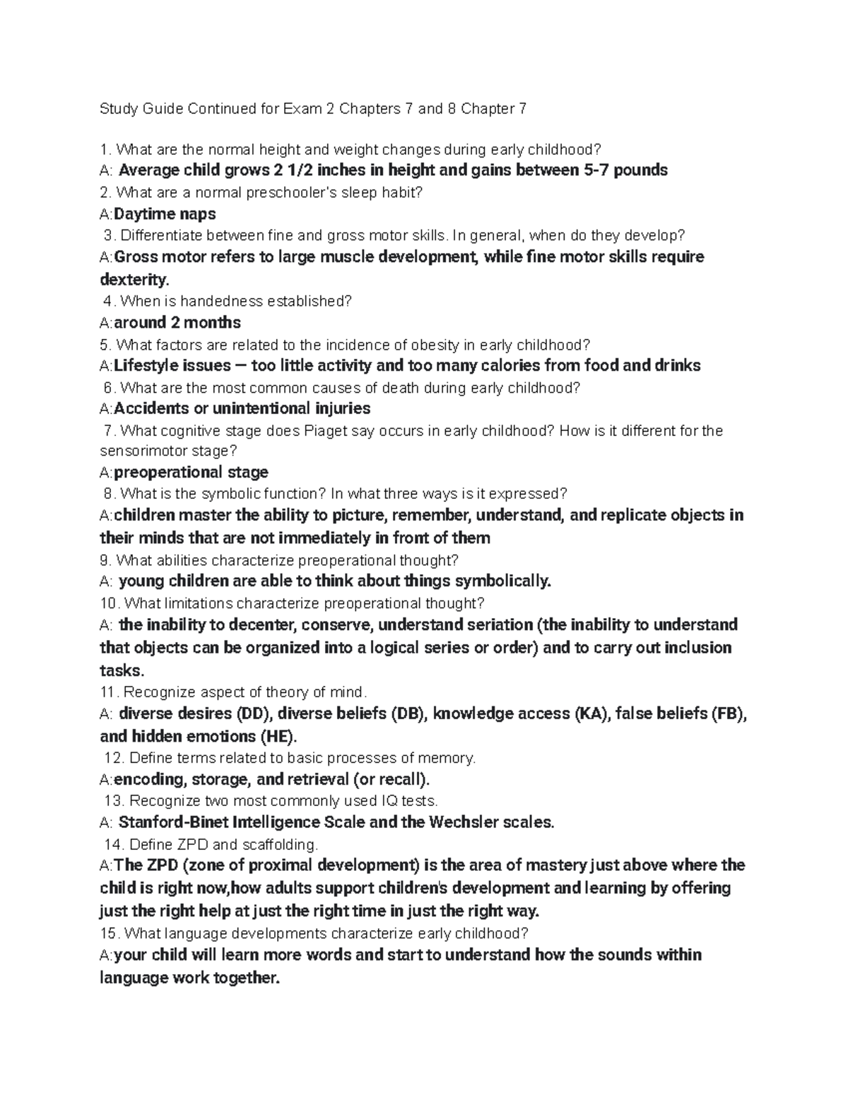 Developmental Psychology Exam 2 Study Guide: Chapters 7 & 8 - Studocu